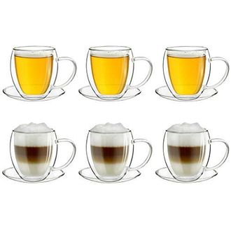 Creano Ensemble de 6 Verres à double Paroi avec Soucoupe, Extra Grand Verre Résistant à la Chaleur en Verre de Borosilicate, isotherme, Tasse à Café/de Thé |