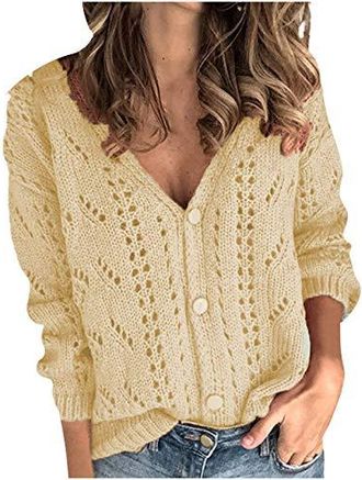 Generic Cardigan en crochet pour femme, cardigan &agrave; manches longues, cardigan court ajour&eacute; de couleur pure, pull en tricot &agrave; simple boutonnage, pull ouvert sur