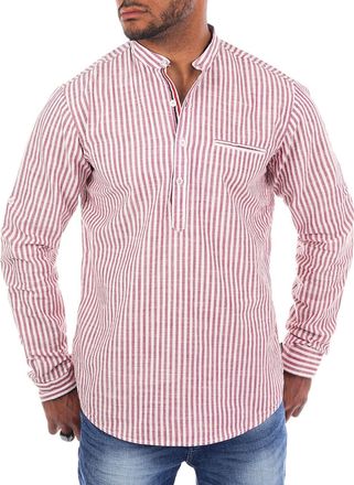 Carisma Herren Baumwoll Leinen Mix Stehkragen Tunika gestreift Langarm leicht körperbetonter Legerer Schnitt, Grösse:4XL, Farbe:Rot