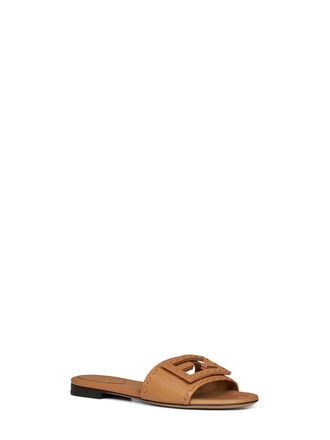 Fendi Womens Leather Slides Baguette Camel Calf Sandal