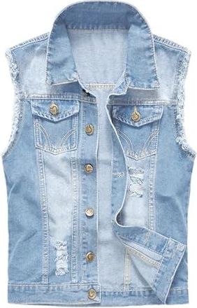 ICEGREY Homme Gilet en Jean sans Manches Déchiré, Coupe Ajustée, Gilet Veste Denim en Coton,Décontractée en Détresse, XXL, Bleu clair