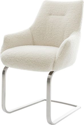 DELIFE Schwingstuhl Alja-Flex mit Armlehnen Freischwinger flach Edelstahl Teddystoff Beige Taschenfederkern