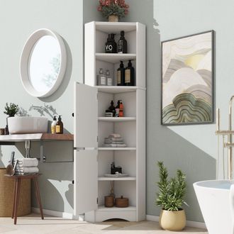 Merax Dreieckiger Badezimmerschrank, 51,7x32x155,4cm, Eckschrank mit 2 T&uuml;ren & offenen F&auml;chern, verstellbaren Trennw&auml;nden, feuchtigkeitsbest&auml;ndiger Lackieru