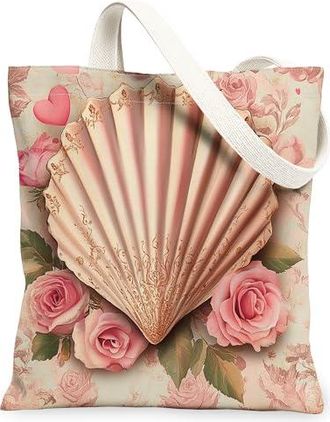 Generic Sac fourre-tout en toile coquillage festonn&eacute; pour le shopping 33 x 38 cm, sac &agrave; bandouli&egrave;re r&eacute;utilisable pour femme, peinture c&ocirc;ti&egrave;re, d&eacute;coration cade
