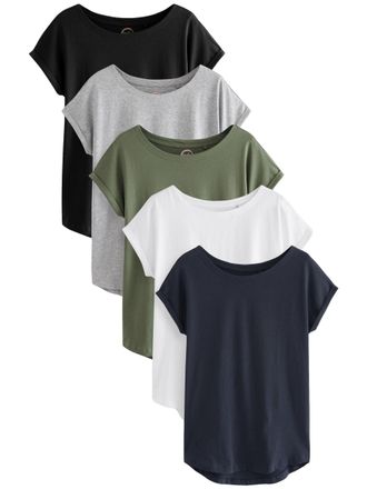 Next Damen 5er-Pack T-Shirts mit Fl&uuml;gel&auml;rmeln Grau/Wei&szlig;/Schwarz/Marineblau/Khakigr&uuml;n 48