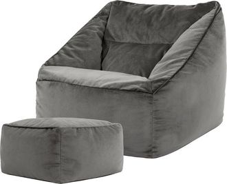 Icon Brand Pouf Fauteuil en Velours Natalia et Repose-Pieds, xxl Pouf Geant pour Salon, Pouf Poire Adultes, Gris Anthracite - Icon