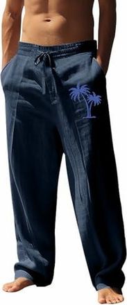 Generic Pantalon en lin pour homme, coupe ample, d&eacute;contract&eacute;, imprim&eacute; cocotier, pantalon de plage, jambe droite, vacances, pantalon de jogging &agrave; ourlet ouvert