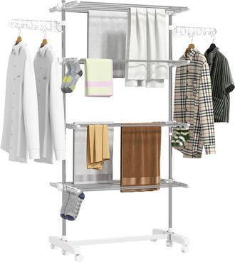 HOMCOM Wäscheständer Turm Standtrockner mit 4 Ebenen, klappbare Flügel, Rollen, Turmwäscheständer für Innen und Außen, 142 x 55 x 172 cm, Weiß