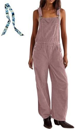 Generic Salopette ample en velours c&ocirc;tel&eacute; pour femme, combinaison &agrave; jambes larges, bretelles r&eacute;glables d&eacute;contract&eacute;e avec poches, rose, XL