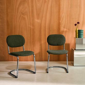 Sweeek Lot de 2 chaises cantilever arrondie m&eacute;tal. bouclette textur&eacute;e kaki et pieds chrom&eacute;s - L 47 x P 54.5 x H 81cm - Maloa