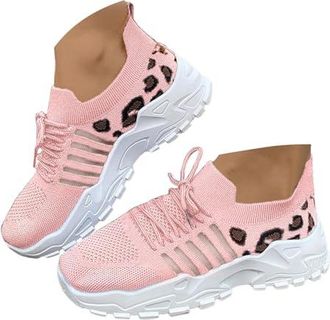 Generic Chaussures de course pour femme - Imprimé léopard - Baskets orthopédiques pour femme - Chaussures de marche à lacets en maille - Chaussures de course 
