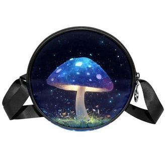 Generic Sac &agrave; bandouli&egrave;re rond rond pour femme, motif champignon bleu brillant, avec fermeture &eacute;clair, bretelles r&eacute;glables, style d&eacute;contract&eacute;