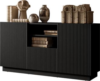 Mirjan24 Kommode Liwerio 150 2D1SZ mit 2 T&uuml;ren, Schublade und 2 Ablagef&auml;cher, geriffelte Fronten, Highboard, Anrichte, Mehrzweckschrank (Schwarz)