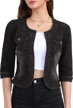 Allegra K Veste en Jean pour Femme Sans Col à Manches 3/4 Devant Ouvert Blouson en Demin Délavé Noir XL
