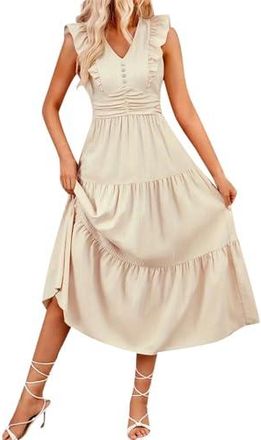 Generic Robe d&eacute;t&eacute; 2026 d&eacute;contract&eacute;e pour femmes - Robe midi sans manches avec col en V et &eacute;paules volant&eacute;es - Robe trap&egrave;ze fluide &agrave; volants et &agrave; volants - Rob