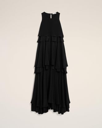 Ami Robe Longue Noire A Volants en Soie M&eacute;lang&eacute;e Noir - 34 - Femme