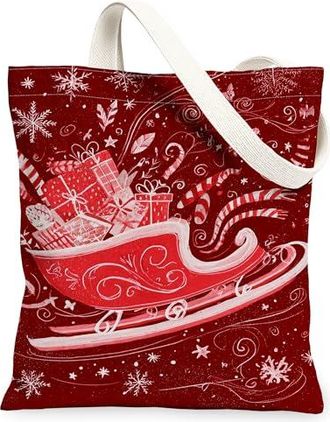 Generic Sacs fourre-tout en toile avec motif tra&icirc;neau de No&euml;l, sacs de courses r&eacute;utilisables, l&eacute;gers et lavables, Rouge, 13x15 Inch