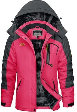 KEFITEVD Vestes dHiver en Plein Air pour Femme Manteau en Polaire Imperméable Coupe-Vent avec Capuche Amovible,Rose Rouge,2XL
