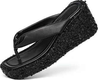Generic Tongs &agrave; paillettes pour femme - Tendance - Bout ouvert - Talon compens&eacute; - Pour la plage, les vacances d&eacute;t&eacute;, Noir, 39.5 EU