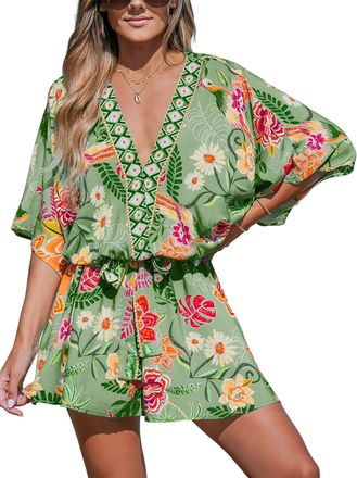Cupshe Damen Sommerkleid V Ausschnitt Kimono &Auml;rmel Cover Up Strandkleid Tropical Print Loose Fit Freizeitkleider Sommer Mini Dress