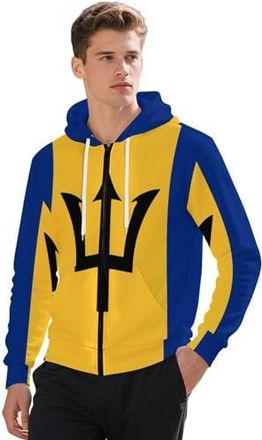 Generic Veste &Agrave; Capuche Homme Enti&egrave;rement Zipp&eacute;e Barbade Imprim&eacute; Drapeau Sweat-Shirt Manches Longues Style Universitaire V&ecirc;tements D&eacute;contract&eacute;s Sweat-Shirt &Agrave; 