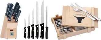 WMF Classic Line Messerblock mit Messerset 7-teilig & Steakbesteck 12-teilig, Steakbesteck Set für 6 Personen, Steakmesser Set, Steakgabel, Cromargan Edel