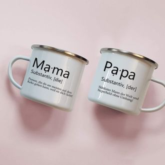 artboxONE Emaille Tasse -Mama und Papa Definition Kaffeetasse Set für Mama und Papa