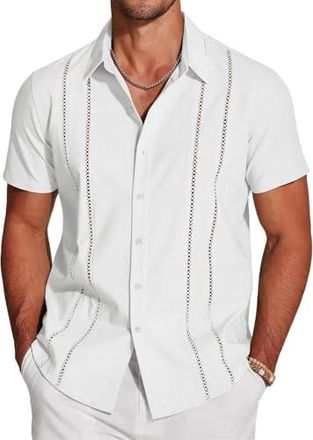 Generic Zealburst Cuba Guayabera Chemise boutonnée à manches courtes pour homme, blanc, 4XL