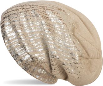 styleBREAKER warme Feinstrick Beanie Mütze mit Metallic Print und Fleece Innenfutter, Slouch Longbeanie, Unisex 04024132, Farbe:Beige/Silber