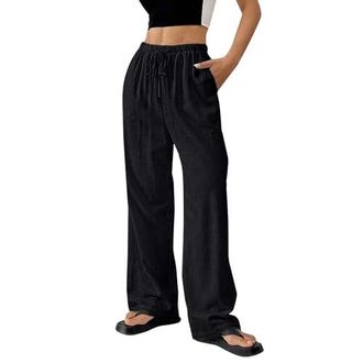 Generic Pantalon en coton et lin pour femme, pantalon d&eacute;contract&eacute; de couleur unie, taille &eacute;lastique avec poches, cordon de serrage, jambe large, confortable, 