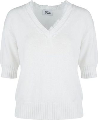 Alpha Studio Femme, Pulls, Blanc, Taille: 36 FR Maglia volant in cotone