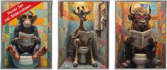 Wackadoo Poster Set WC Tiere 3er Set inklusive Bilderrahmen 30x40 cm Poster Bilderset mit rahmen picture frame Bilder Set Deko