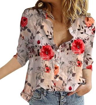 Generic Haut &agrave; manches longues &agrave; col en V pour femme - Chemisiers floraux &agrave; manches longues - Blouses et chemises de plage, hauts de vacances, hauts basiques 