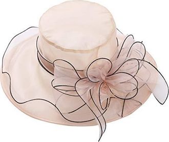 dPois Femme Chapeau Organza Chapeau de Soleil Elegant Bohemia Derby Fascinator pour Voyage Mariage Cocktail Plage Cérémonie Trilby Bord Orné Fleurs Mariée C