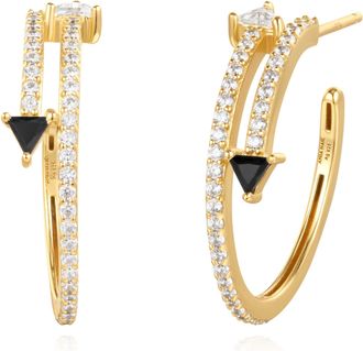 Ania Haie Damen Creolen Sunshine Chaser Pave Double Arrow Stud Hoops 925 Sterling Silber 14k Gold vergoldet, besetzt mit 74 Zirkonia, Größe: 23 x 1,4-4,5mm, ink