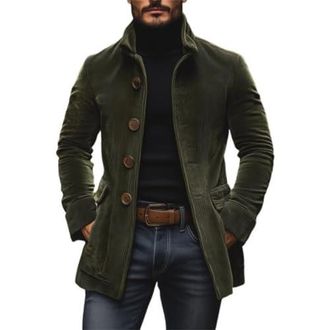 Generic Trench dhiver en velours c&ocirc;tel&eacute; pour homme - Manches longues - Col montant - Avec boutons &agrave; simple boutonnage, Vert, 3XL