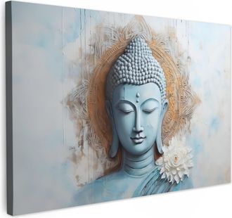 MuchoWow © Leinwandbild Groß 120x80 cm XXL Dekoration Wohnzimmer Bilder Aufhängen Wall Decoration Living Room Wohnungs Deko Moderne Buddha - Statue - Blau - Br