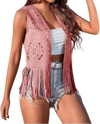 Generic Cardigan pour femme - Gilet d&eacute;t&eacute; l&eacute;ger et &eacute;l&eacute;gant - D&eacute;bardeur large en coton - D&eacute;bardeur spaghetti - Sans manches - Motif perfor&eacute; - Franges - Camisole