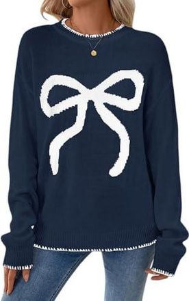 Generic Pull dautomne d&eacute;contract&eacute; avec noeud mignon pour femme, col rond, manches longues, pull en tricot &eacute;pais, pull de No&euml;l dhiver doux en tricot, bleu, XL