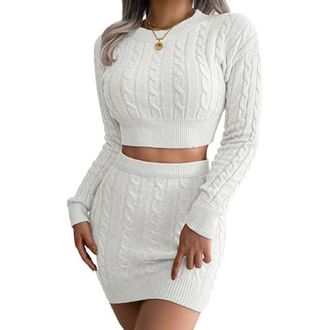 Generic Robe Pull Femme Ensemble Tricot Col Rond Manches Longues Haut Court et Jupe Courte Tendance 2 Pièces