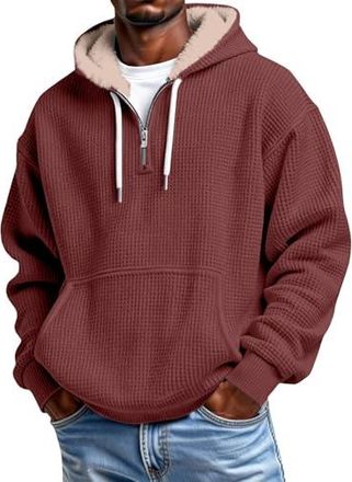 Generic Sweat &agrave; capuche pour homme avec fermeture &eacute;clair 1/4 - Confortable - Manches longues - Pull dext&eacute;rieur - Couleur unie - Pull en tricot - Haut d&eacute;contra