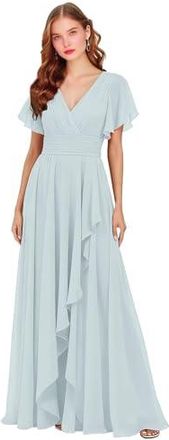 Generic Robe de demoiselle dhonneur en mousseline de soie &agrave; col en V pour femme, robe de soir&eacute;e formelle &agrave; manches flottantes avec fente, bleu clair, 56 Grand