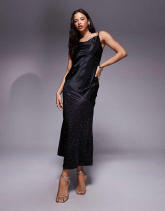 River Island Robe nuisette ornée de strass thermocollés - Noir