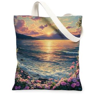 Generic Sac fourre-tout en toile de pens&eacute;e printani&egrave;re pour le shopping, 33 x 38 cm, motif floral, mer, montagne, sac d&eacute;picerie r&eacute;utilisable pour femme, motif