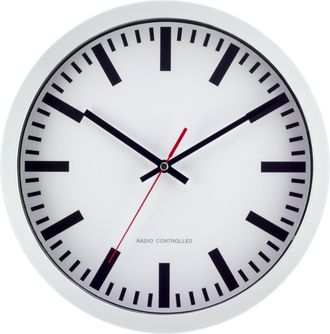 Eurotime 53830-00-Eurotime Funkwanduhr 30cm Durchmesser klares Bahnhofzifferblatt, Kunststoffgehäuse schwarz und Echtglas, Zeigersatz schwarz und Sekunde rot