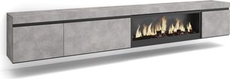 Skraut Home | TV-Schrank, Lowboard | für Wohnzimmer und Esszimmer | 288x45x35 cm | Für großformatiges TV | Elektrokamin XXL | Hängend | Moderner Stil | Zement