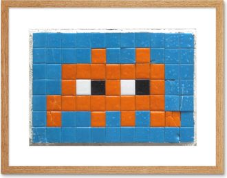 Wee Blue Coo PIXEL ART MONSTER SPACE INVADER ORANGE TILE BLACK FRAMED ART PRINT B12X13959