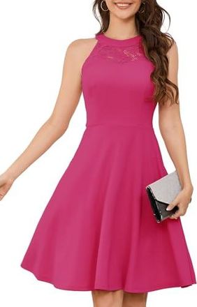 Bbonlinedress Robe Femme Chic et Elegant Robe de Soirée Courte Lingne A Halter Vintage pour Fête Bal Guinguette Anniversaire Mariage invité Rose 2XL