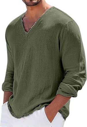 Generic Chemises de plage &agrave; col en V pour homme, hauts en coton et lin pour homme, chemises tendance et minimaliste, hauts confortables et r&eacute;guliers, chemise 