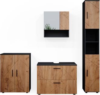 Vicco Badmöbel-Set Goldkraft Eiche/Anthrazit Irma, bestehend aus Badspiegelschrank, Waschbeckenunterschrank, Midischrank, Hochschrank - Harmonische Farb- un